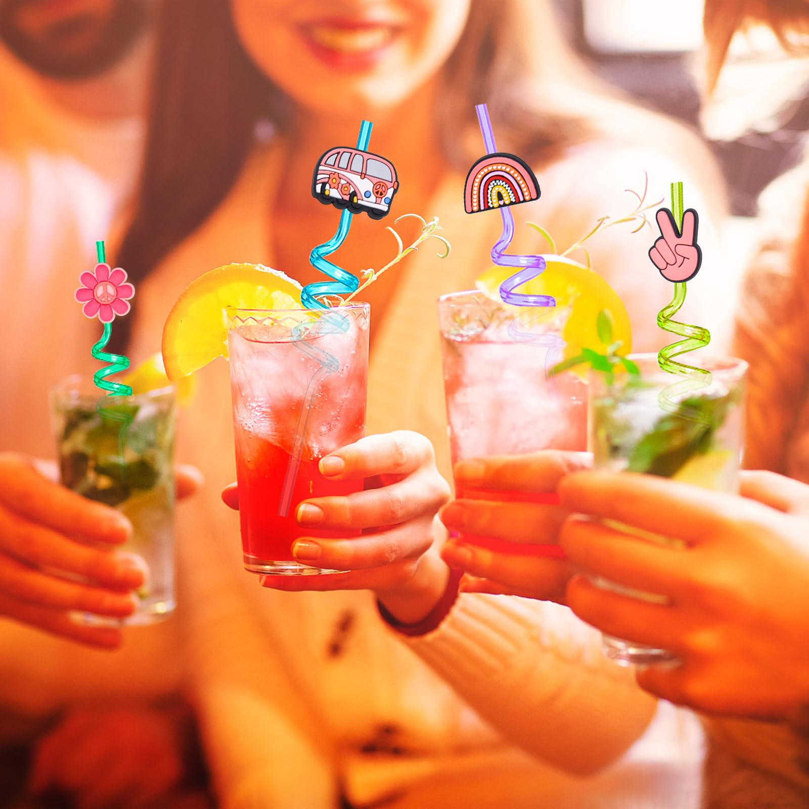 24 Pcs Hippie Boho Party Straws Two Groovy Reusable Plastic Drinking Straws with Cleaning Brush Peace Love 60's Rainbow Flower Birthday Supplies