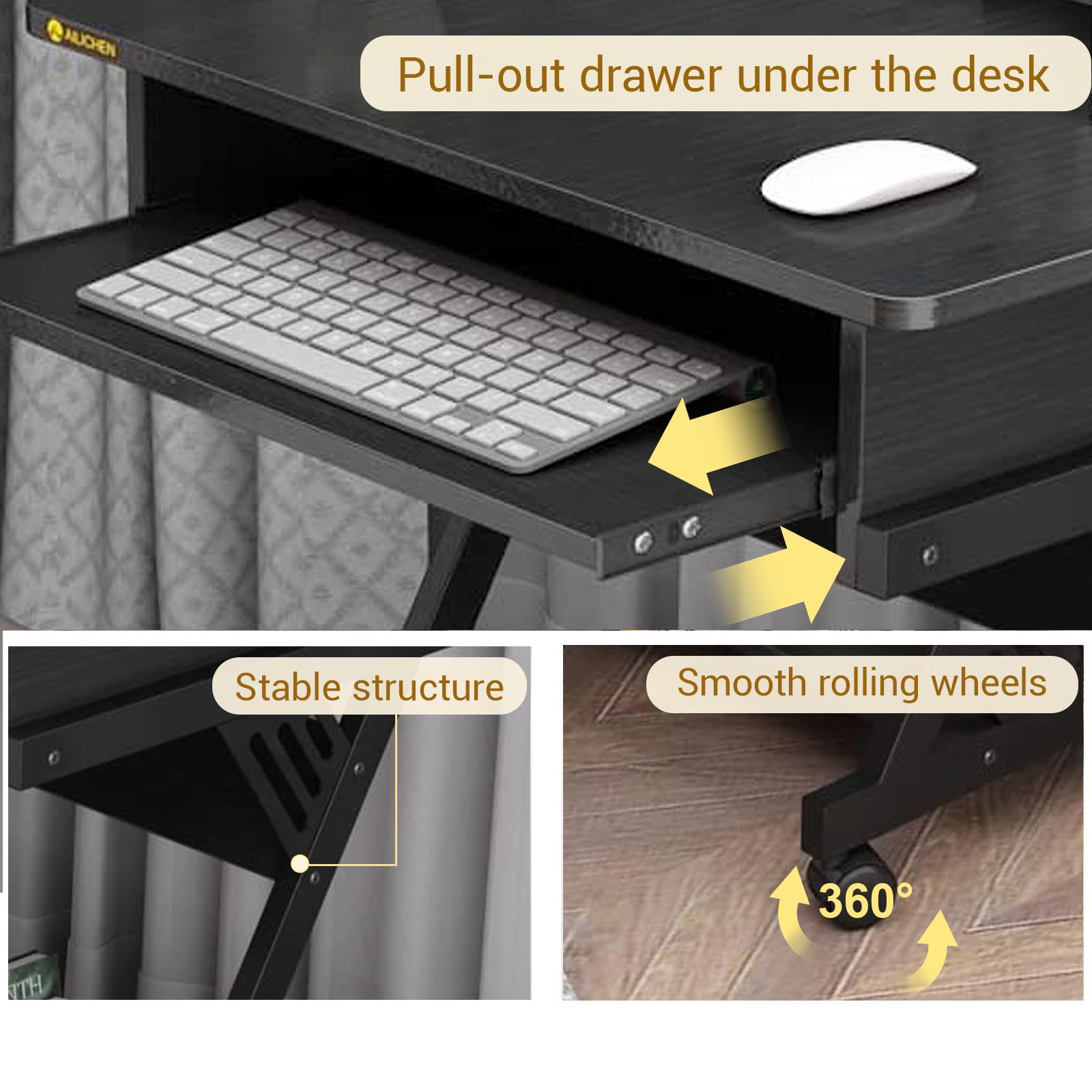 24 Inch Small Computer Desk, 30 Inch Tall Small Standing Desk with Wheels, Rolling Desk for Computer and Bedroom, Home Office Computer Desk, Mobile Computer Portable Laptop Cart with Shelves, Black