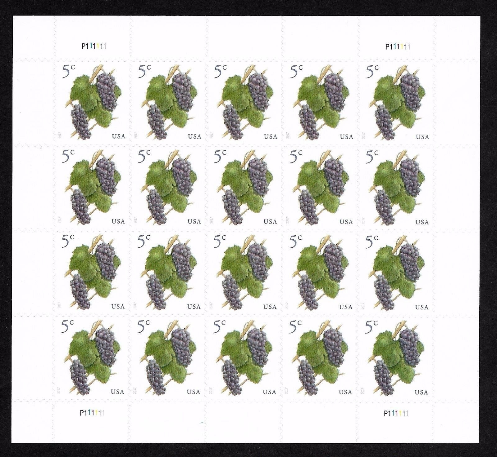 2017 Grapes 5 Cent Stamp In Sheet of Twenty Stamps Scott 5177 .
