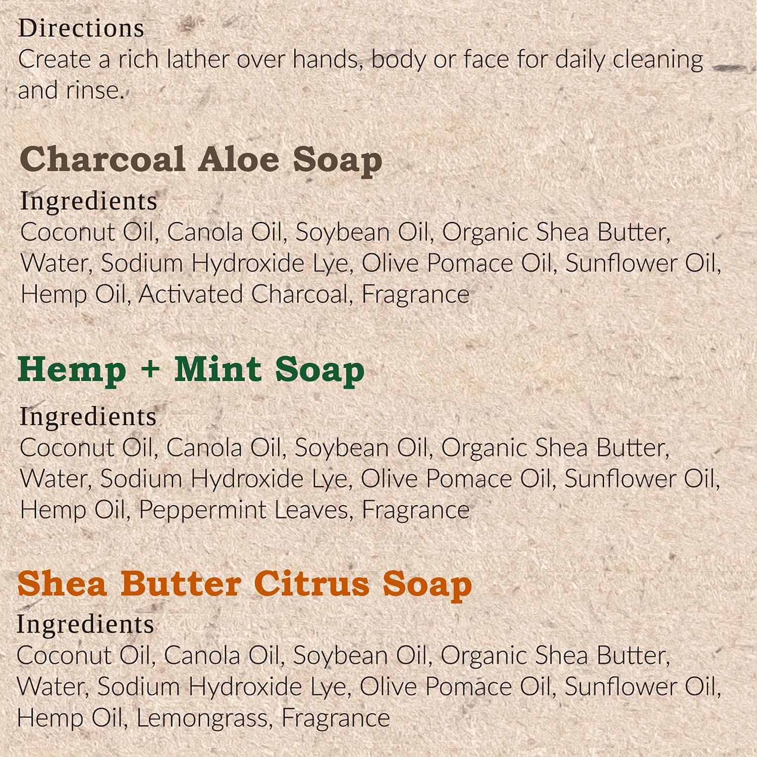 DR. HEMPSTER Hemp Soap Bar Variety 3 Pack - Activated Charcoal and Aloe Soap, Hemp and Mint Soap, Shea Butter and Citrus Soap - 5 oz Bars