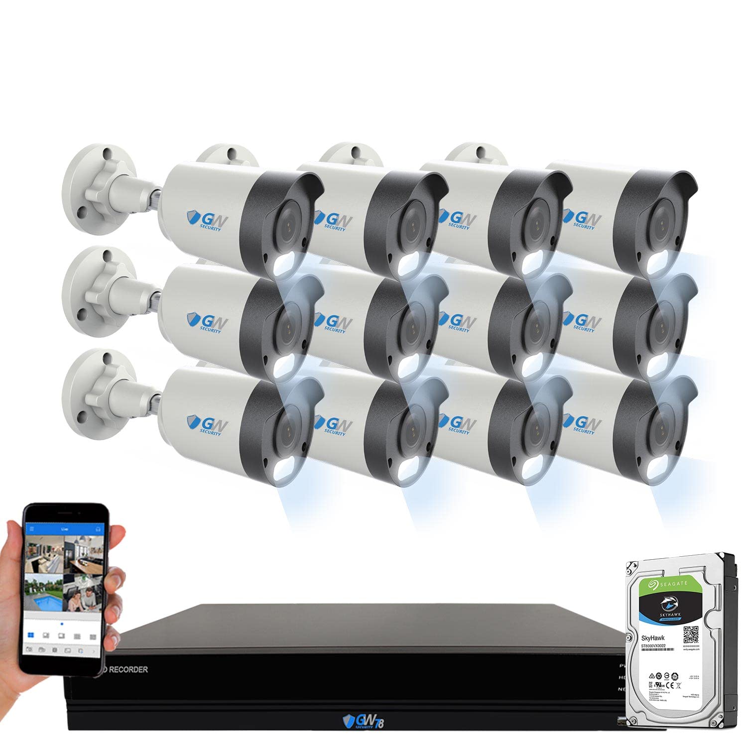 GW 12 Channel 2K NVR 2MP H.265+ Color Night Vision Human Detection Security Camera System - 12 x UltraHD 2K PoE IP Indoor Long Camera