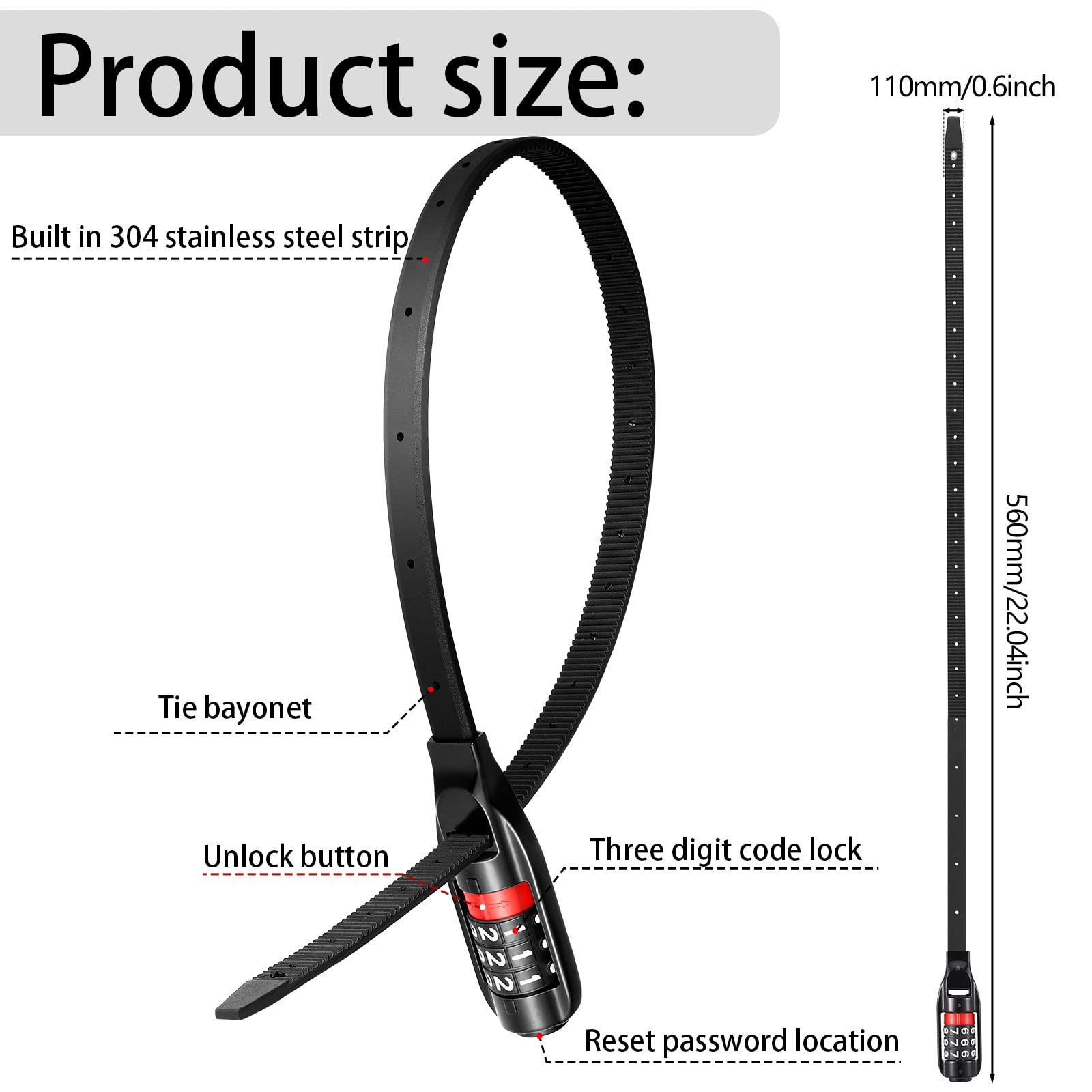 2 Pcs Bike Lock Zip Tie Lock Multi Purpose Combo Lock Combination Bike Lock Lightweight Bicycle Lock Scooter Lock for Quick Stops Door Outdoor Use, Black