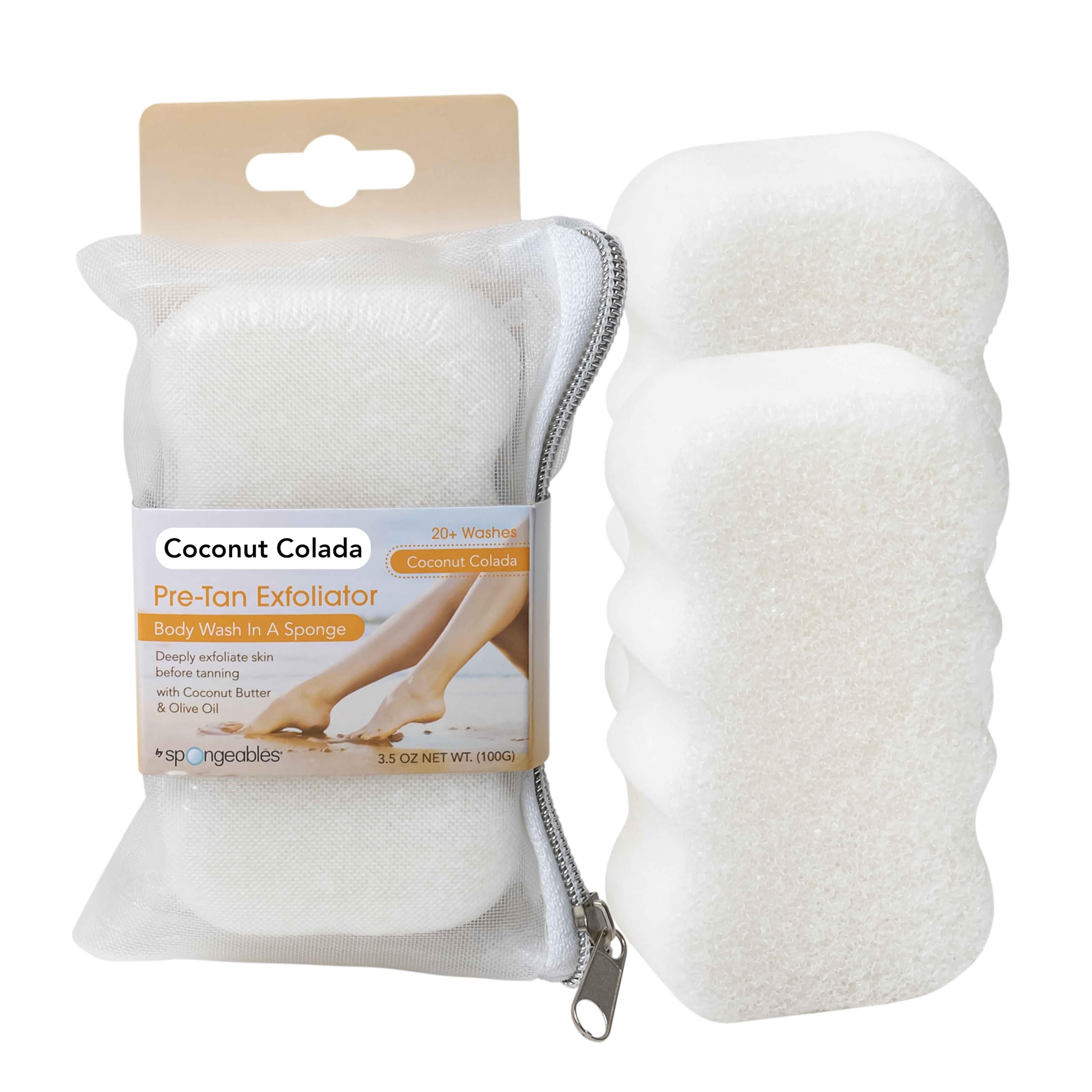 Spongeables Summer Ready Pre-tan Exfoliator 20+ Wash Sponges, Coconut Colada, 2 Count