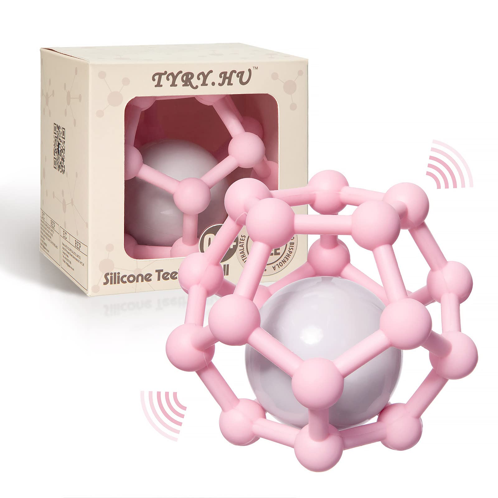 Baby Teethers Toys Silicone Soft Ball Easy to Hold Teether for Sensory Ball Exploration & Teething Stress Relief Molar Ball Soothing Teether Toy Baby Ball for Ages 0 Months+,(Rattle Teether Ball-Pink)
