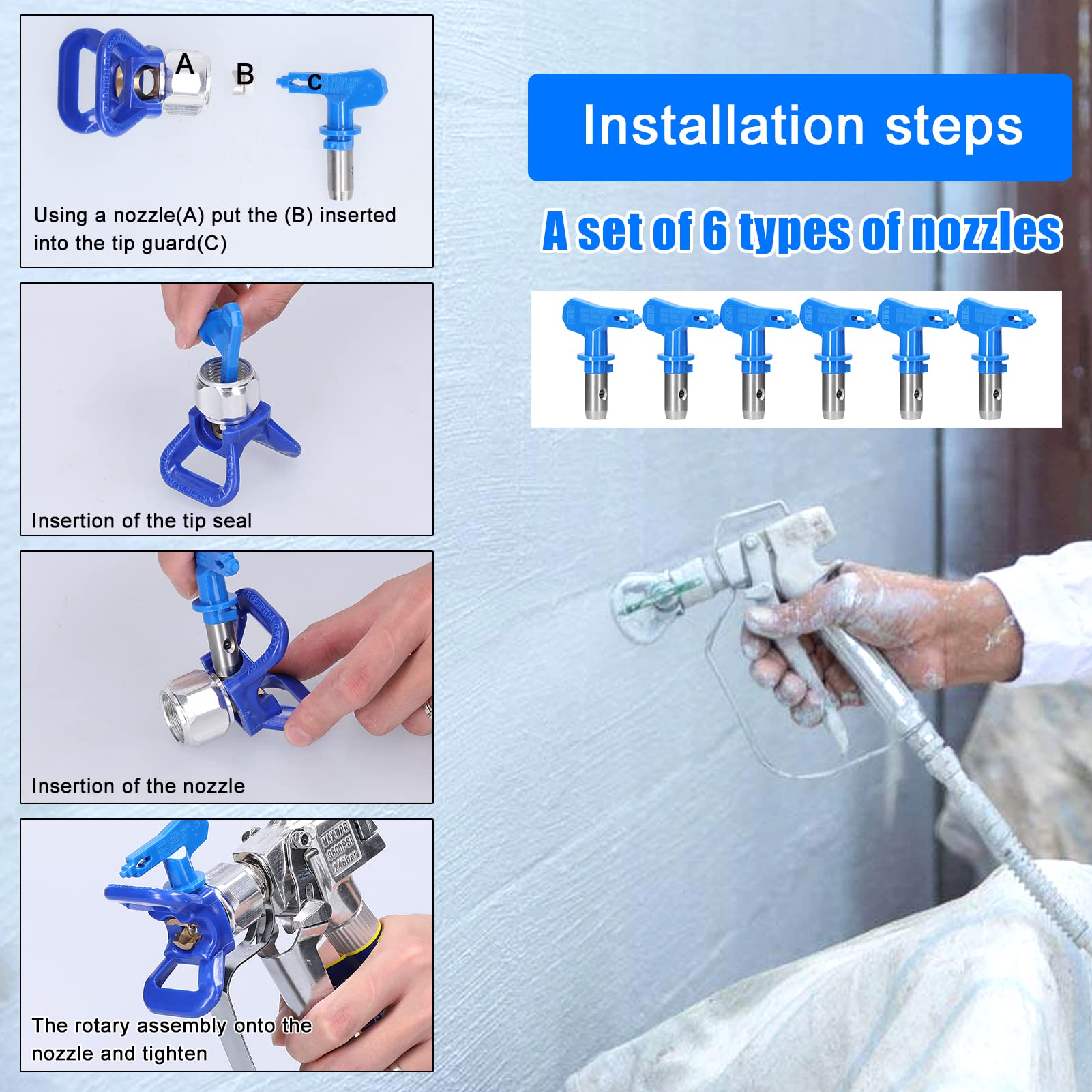 Spray Tips for Airless Sprayer, Geevorks Reversible Airless Paint Sprayer Nozzle Tips 6 Pieces with 2PCS Nozzle Seats, Airless Paint Spray Guns Nozzles Set