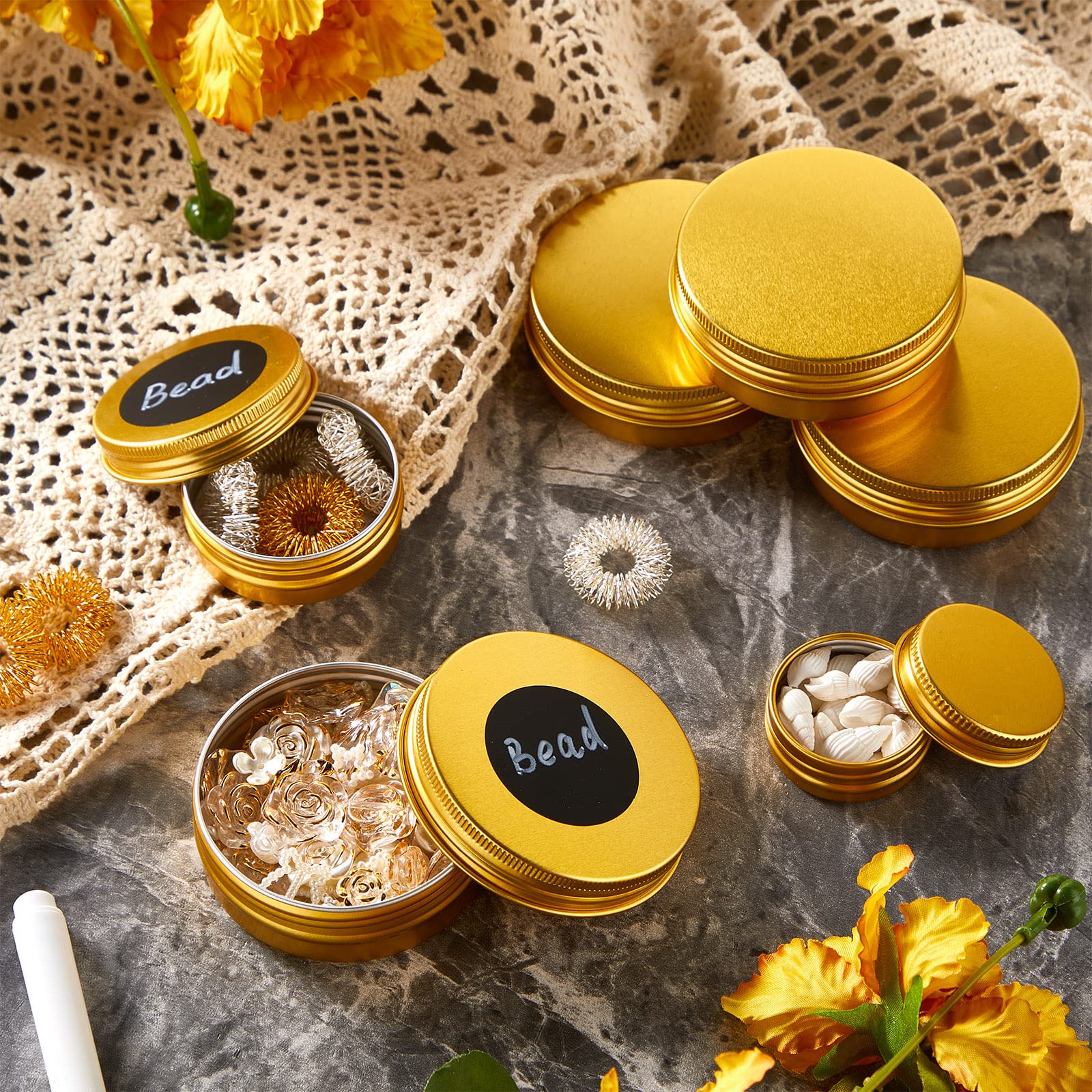 150 Pack 2 Oz Aluminum Tin Metal Round Tins Storage Jar Containers with Screw Lid Empty Tin Cans with Lids, 150 Chalk Labels, Chalk Maker for Cosmetic Lip Balm Cream Candles, Gold