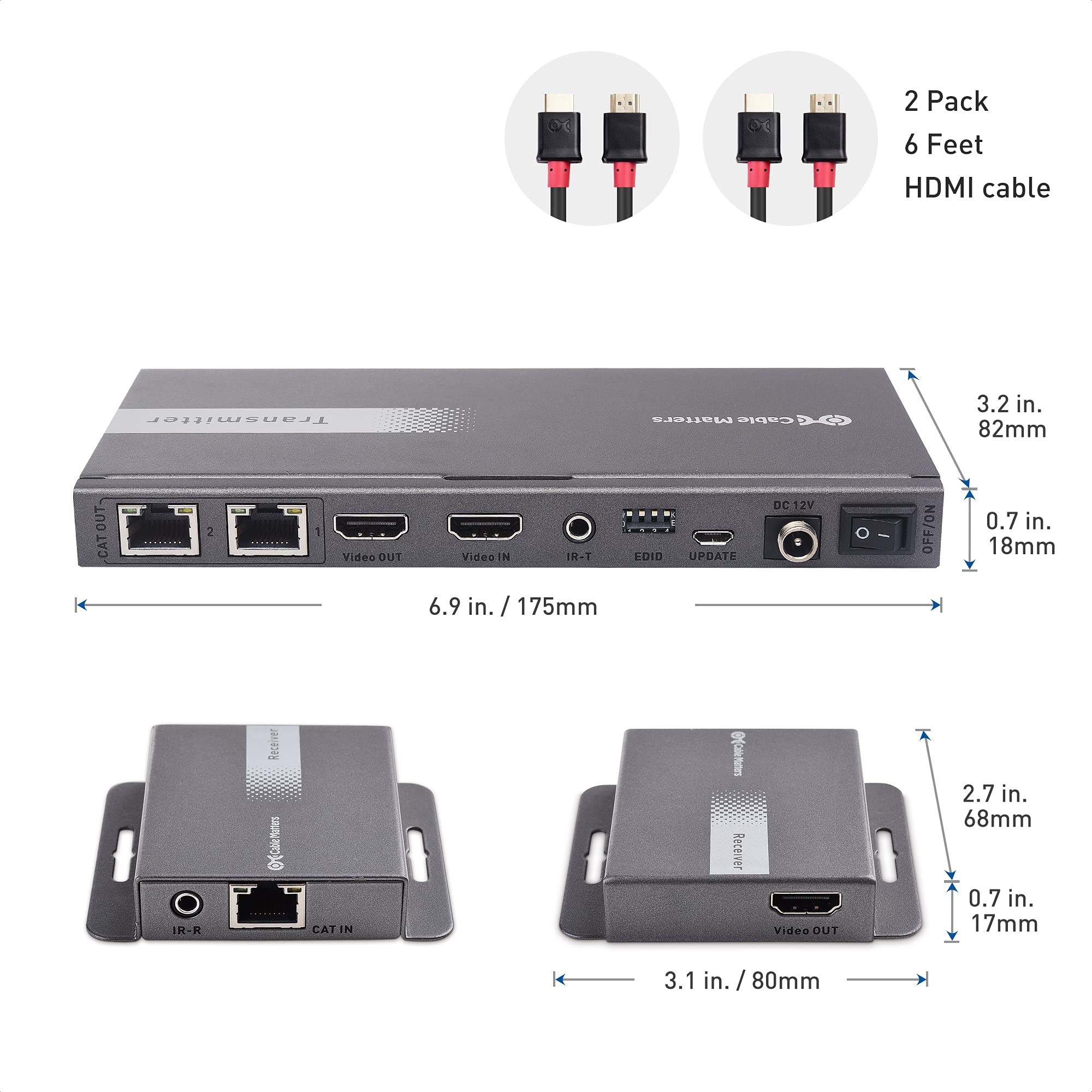 Cable Matters 4K 1x2 HDMI Extender Splitter (4K HDMI Over Ethernet Extender Kit) for 1-to-2 Setups β Supports 4K up to 131 Feet / 1080p up to 230 Feet