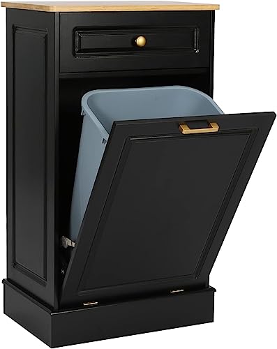 Scurrty 20.5'' Wooden Tilt Out Trash Can Cabinet for Kitchen Island,Tilt Out Bin for Trash Disposal Recycling, Handmade Solid Wood Hideaway Trash Holder for Laundry Hamper with Drawer (Black, Single)