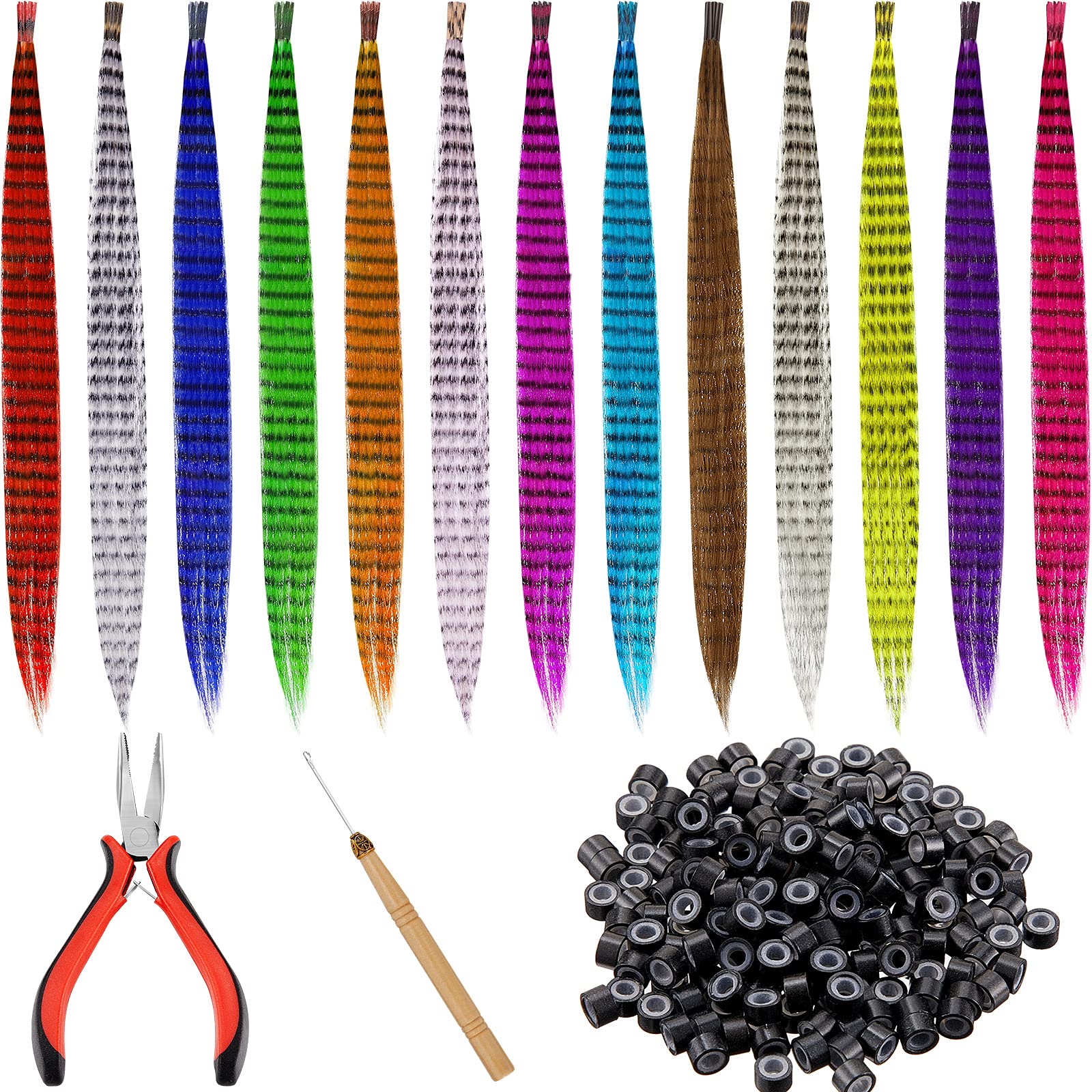 Xinnun 52 Pcs Colored Hair Feathers Extension Kit for Women 13 Colors Long Straight Synthetic Hair Feather 200 Silicone Lined Micro Ring Crochet Hook and Lengthen Remover Plier for Cosplay Party