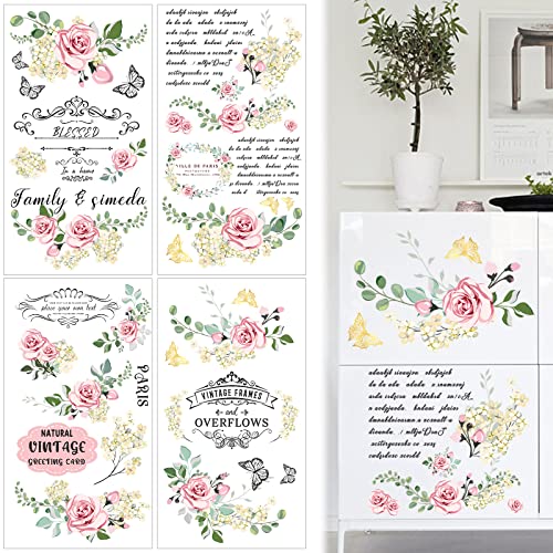 4 Sheet Roses Rub on Transfers, Vintage Craft Transfers Furniture and Craft Decals for Furniture Decor Wood Transfer Tool Flower Craft Wedding Decor