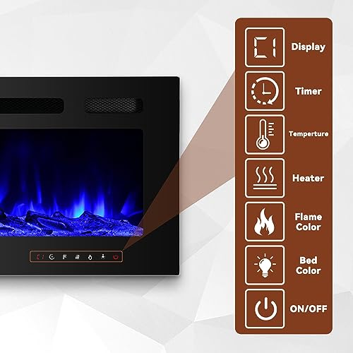 30" Electric Fireplace Recessed and Wall Mounted LED Fireplace with Remote Control 8h Timer, 12 Flames,Touch Screen, in-Wall Fireplace with Log & Crystal Hearth for Living Room