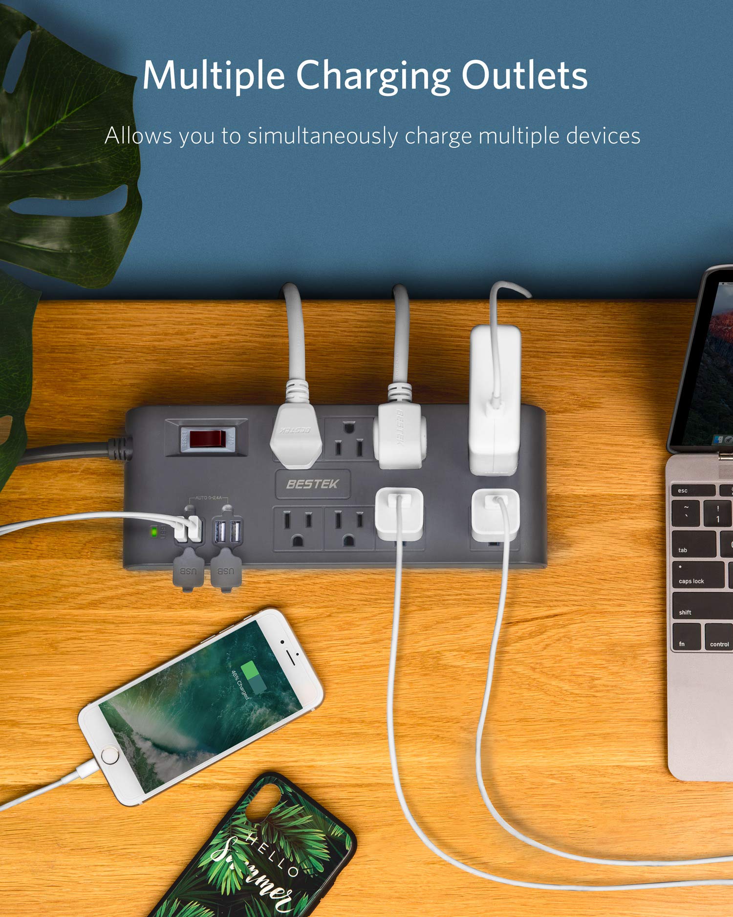 BESTEK 8-Outlet 6 Feet Extension Cord Power Strip with USB 15A 1875W Surge Protector with 5V 4.2A 4 USB Port Desktop Charging Station,600Joule,Grey