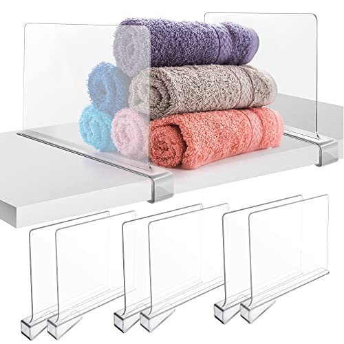 Clear Acrylic Shelf Divider and Organizer- Set of 6- Adjustable Closet Dividers for Shelves - 11" x 8” Shelf Dividers for Wood or Wooden Shelves, Purse Organizer, Sweater Organizer, Book Divider