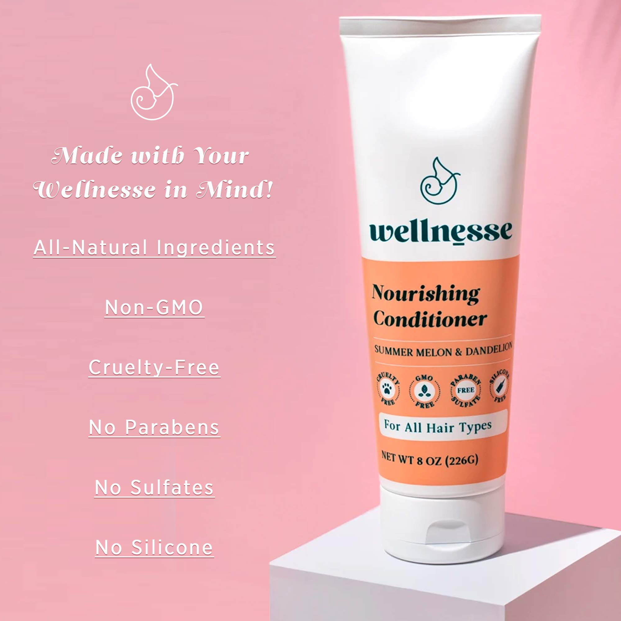Wellnesse: Nourishing Conditioner - For All Hair Types - 8 oz - Summer Melon and Dandelion - Detangle, Moisturize & Add Volume - Cruelty-Free, Non-GMO, No Parabens, Sulfates, Silicone