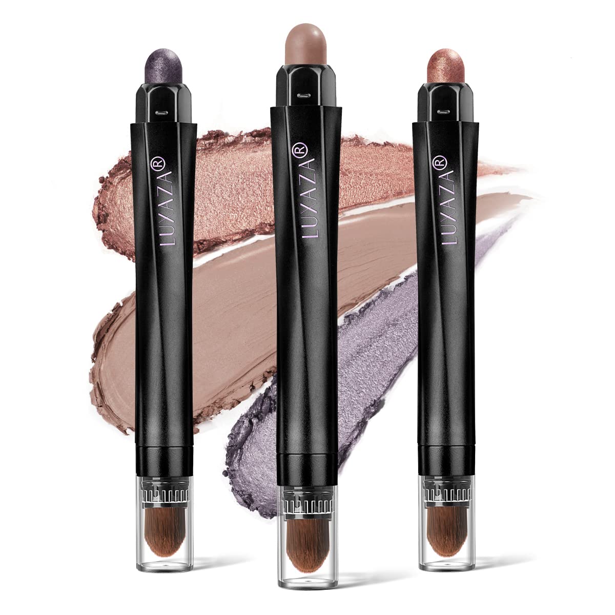 LUXAZA 3Pcs Eyeshadow Stick Set, Matte And Shimmer Creamy Eyeshadow Pencil,Eye Brightener Stick,Nude Caramel Grayish Purple Shadow Stick Set, Waterproof Long Lasting Smoky Highlighter Eye Makeup
