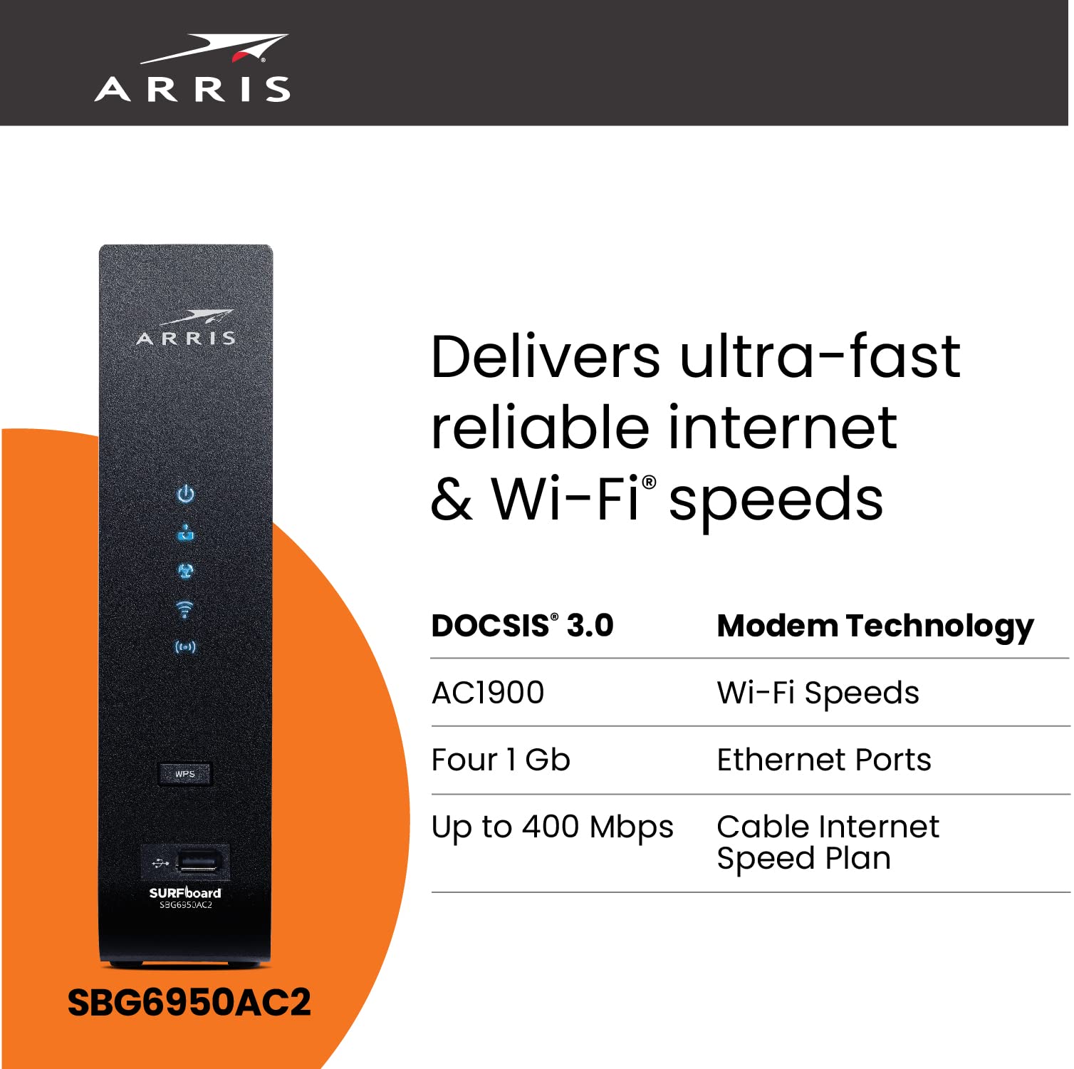 ARRIS Surfboard SBG7400AC2-RB DOCSIS 3.0 Cable Modem & AC2350 Wi-Fi Router , Approved for Comcast Xfinity, Cox, Charter Spectrum & more , Four 1 Gbps Ports , 800 Mbps Max Internet Speeds,- REFURBISHED