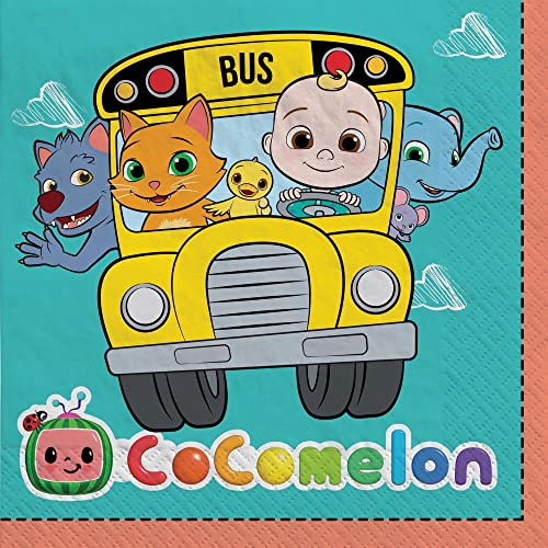 Amscan Cocomelon Birthday Party Supplies Bundle Pack includes 16 Dessert Plates, 16 Lunch Napkins, 16 Paper Cups, 1 Plastic Table Cover (Bundle for 16)