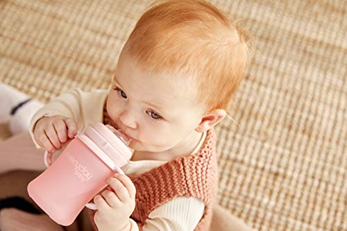 everyday baby Glass Sippy Cup with Silicone Sleeve, Spout, Drinking Handles, and Protective Cap - 150ml (5oz) - Rose Pink (for babies 6 months and up)