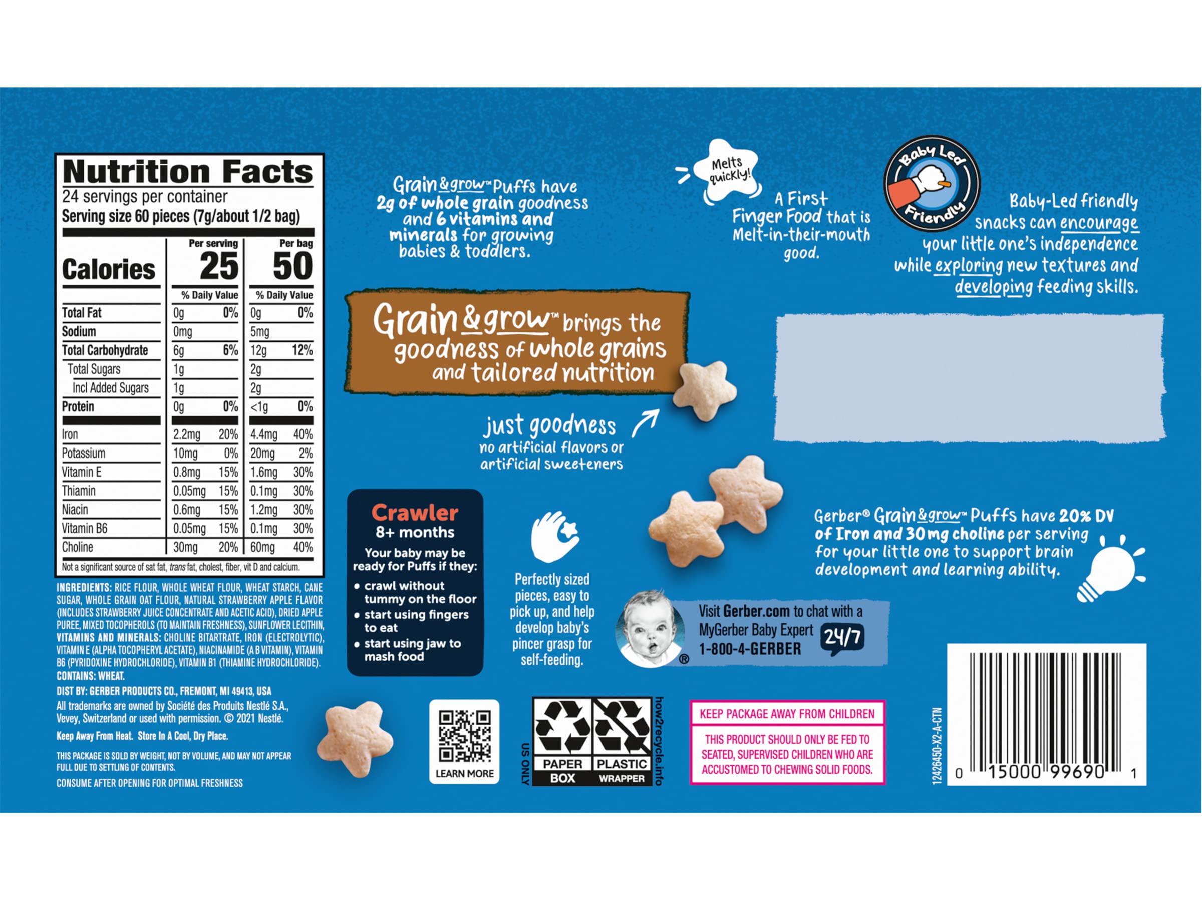 Gerber Snacks for Baby Grain & Grow Puffs To Go, Strawberry Apple, Non-GMO Puffed Grain Baby Snack for Crawlers, Pack of 1 Box