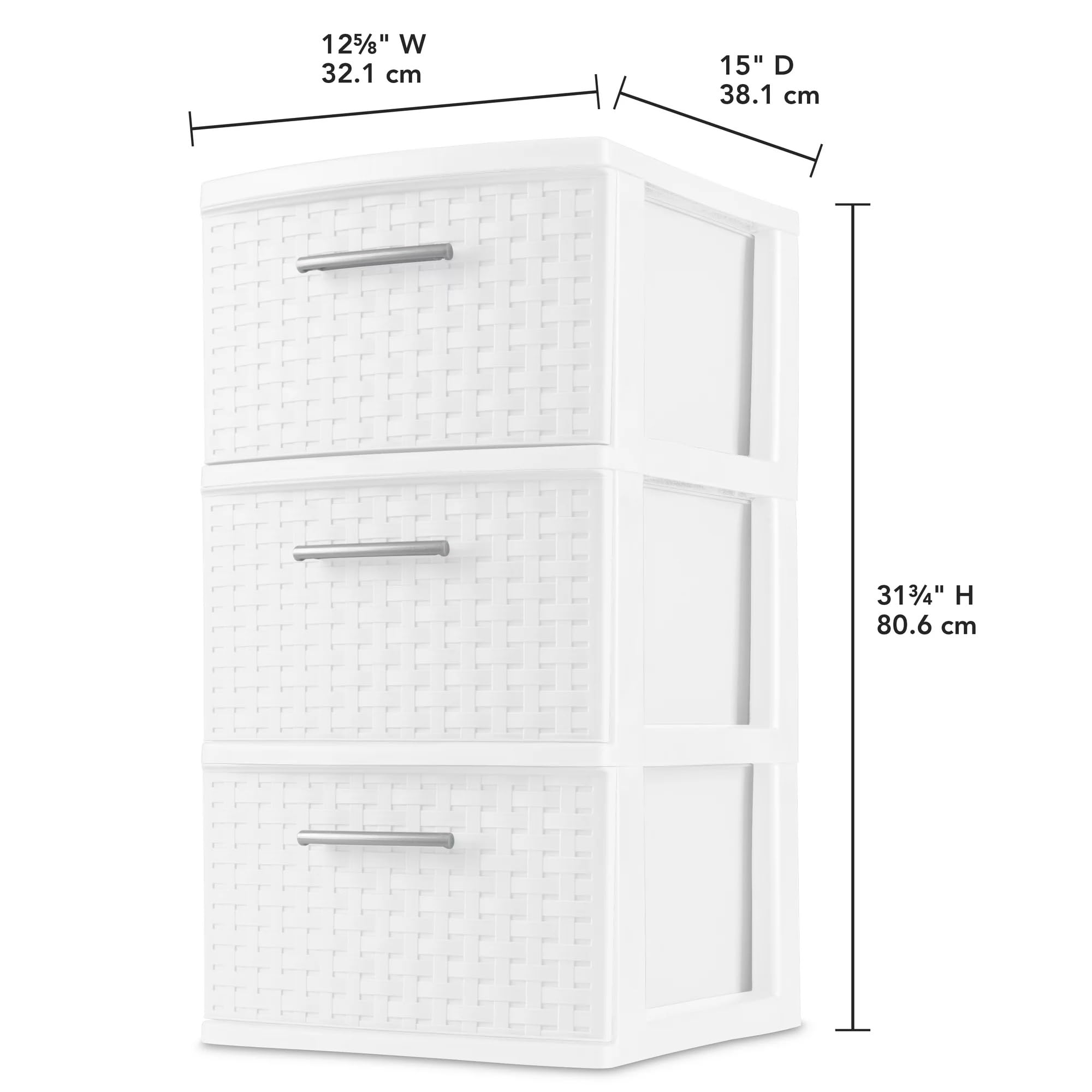 3-Drawer Wide Weave Design Storage Tower, White Frame & Drawers w/Driftwood Handles, Brown, Case of 1 (White)