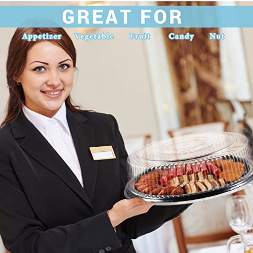 24 Sets 16 Inch Catering Trays with Lids Plastic Serving Trays with 24 Lids and 24 Plastic Serving Tongs Disposable Stackable Trays Black Round Catering Trays for Party Picnic Appetizers Takeout Food
