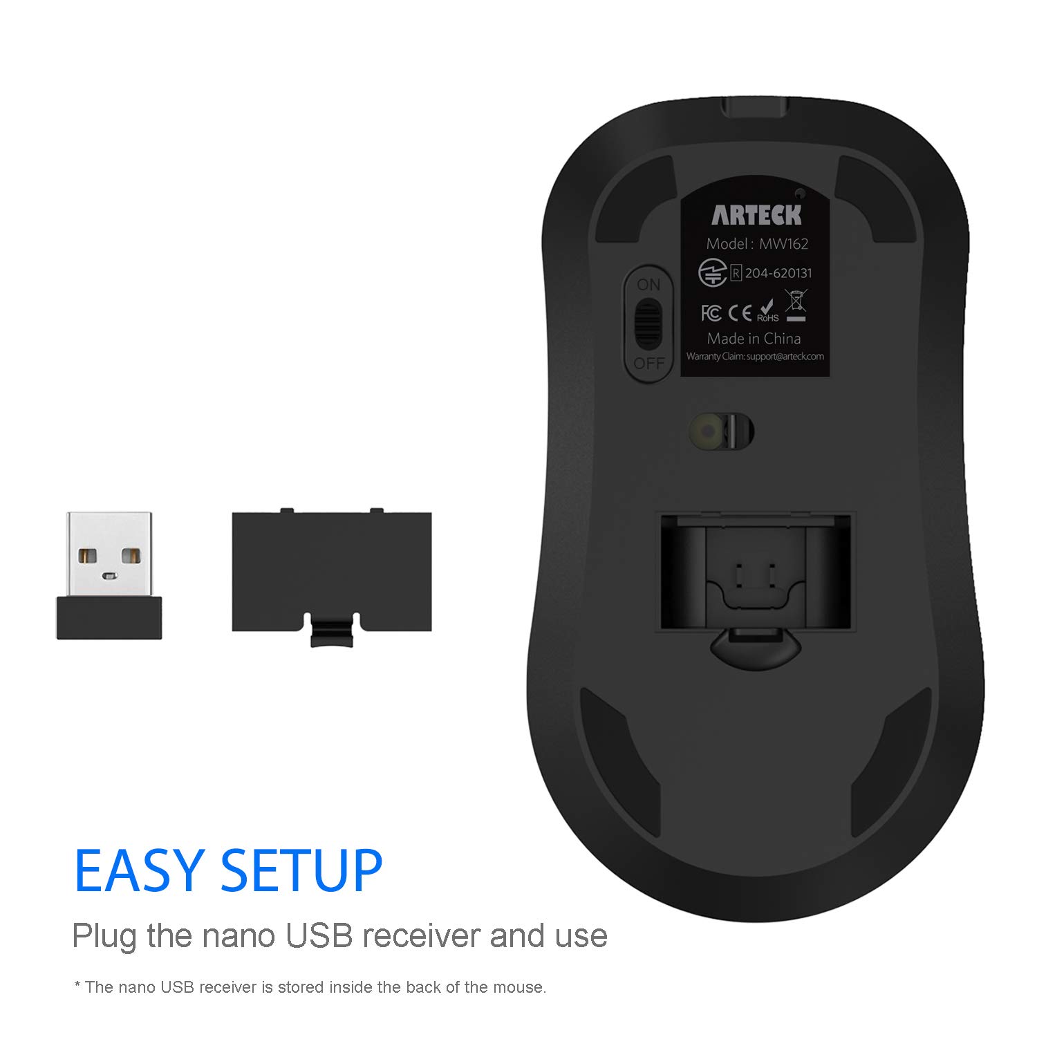 Arteck 2.4G Wireless Mouse with Nano USB Receiver Ergonomic Design Silent Clicking for Computer/Desktop/PC/Laptop and Windows 10/8/7 Build in Rechargeable Battery (Black)