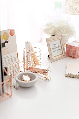 BLU MONACO Rose Gold Desk Organizer - 5 Piece Desk Accessories Set - Letter - Mail Organizer, Paper-Document Tray, Pen Cup, Magazine File Holder - Diagonal Pattern - Office Supplies Stationery Décor