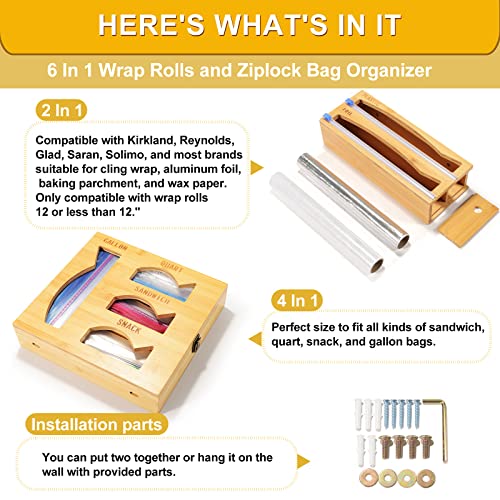 6 Slots Bamboo Wall mountable Ziplock Bag Storage Organizer and Foil & Plastic Wrap Dispenser with Cutter, for Kitchen Drawer, Counter Top, Pantry, Compatible with Gallon, Quart, Sandwich, Snack Bag