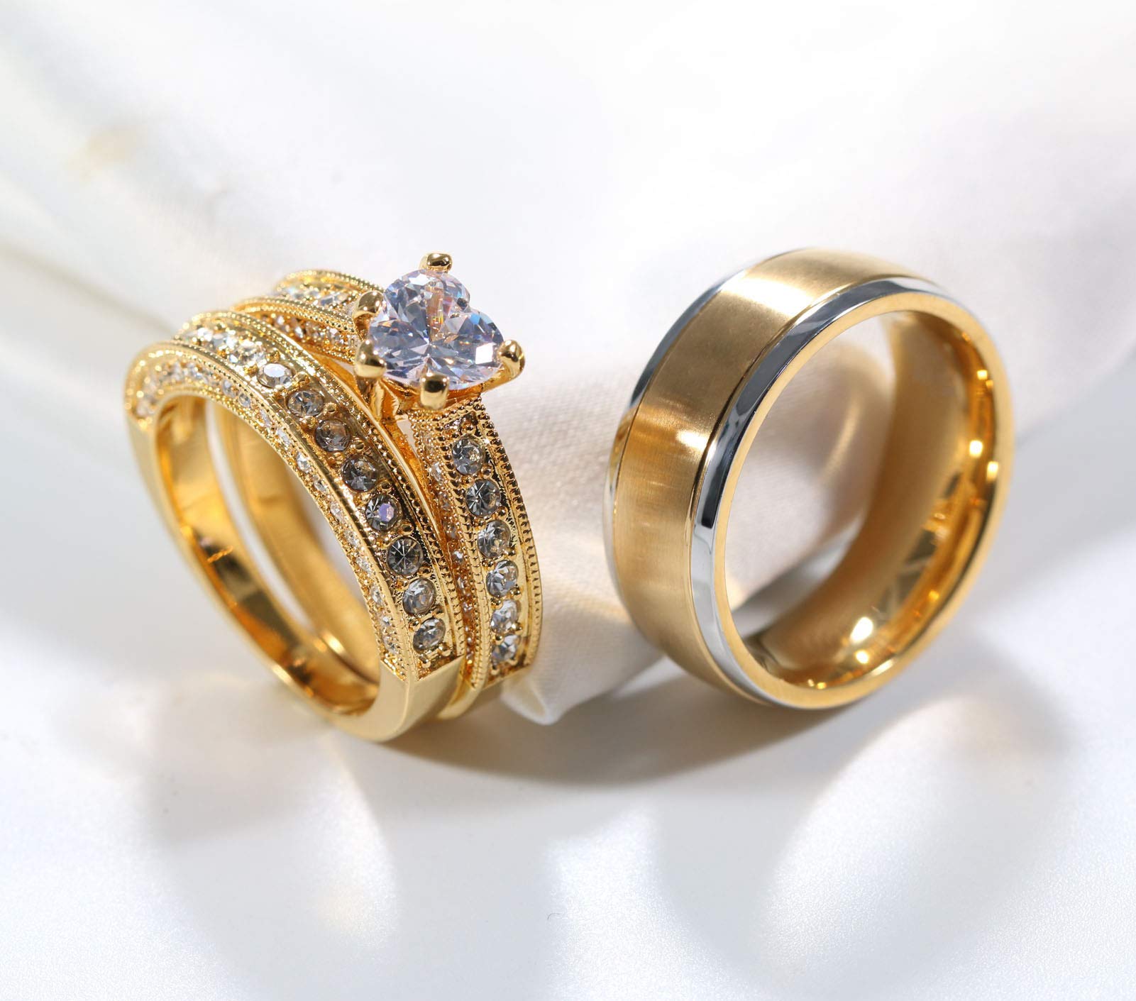 2 Rings His and Hers Couple Rings Bridal Sets Yellow Gold Plated Heart Cz Womens Wedding Ring Sets Tungsten carbide Man Wedding Bands
