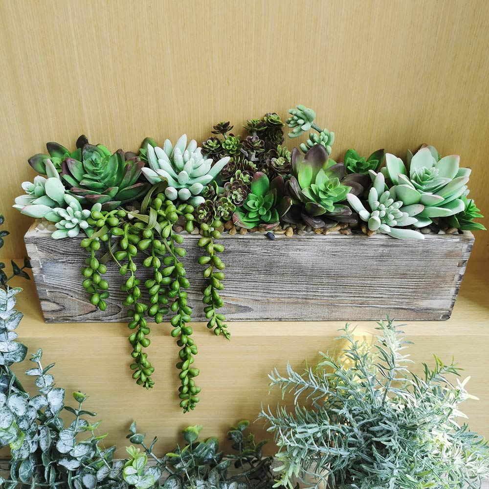 20 Pcs Artificial Succulents Fake Plants in Rectangular Wooden Pots Potted Succulents Plants Arrangement Artificial Succulents Garden for Table Centerpiece Windowsill Shelf Mantel Greenery Decor