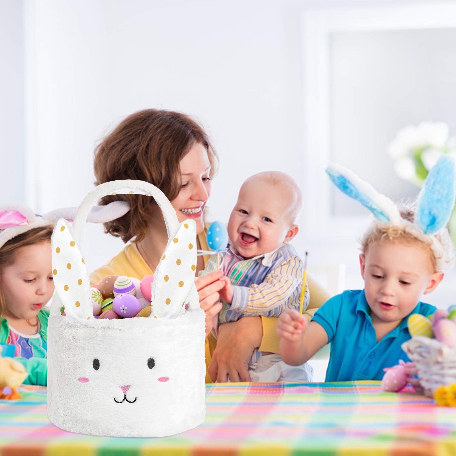 Evoio Easter Basket for Kids Toddler Girls Boys, Fluffy Bunny Bucket Bag with Handle Bunny Face and Foldable Ears Perfect for Easter Eggs Hunt Event, Easter Gifts Bunny Easter Eggs Basket Bags