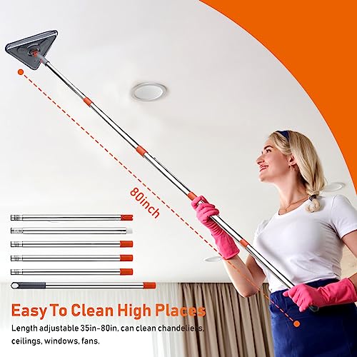 80 Inches Wall Mop with Long Handle Ceuku Wall Cleaner Mop with Extension Pole 39" to 80" Wall Duster With 3 Replacement Pad and 2 Tile Tub Brush, Wall Cleaner Mop for Cleaning Ceiling Window Tile Tub