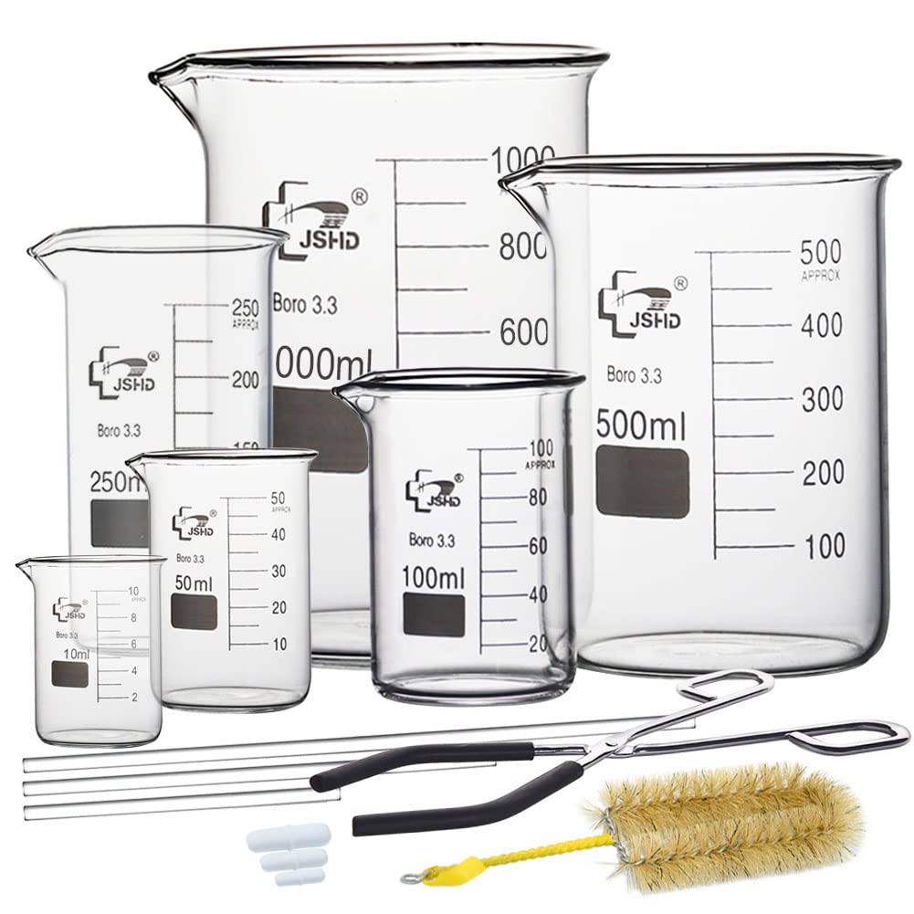 ADAMAS-BETA 14PCS Glass Beaker Set, 6 Sizes - 10ml 50ml 100ml 250ml 500ml 1000ml Graduated Beakers + 11" Beaker Tongs + 3pcs Glass Stirring Rods + 3pcs Magnetic Stir Bar + 1000ml Beaker Brush