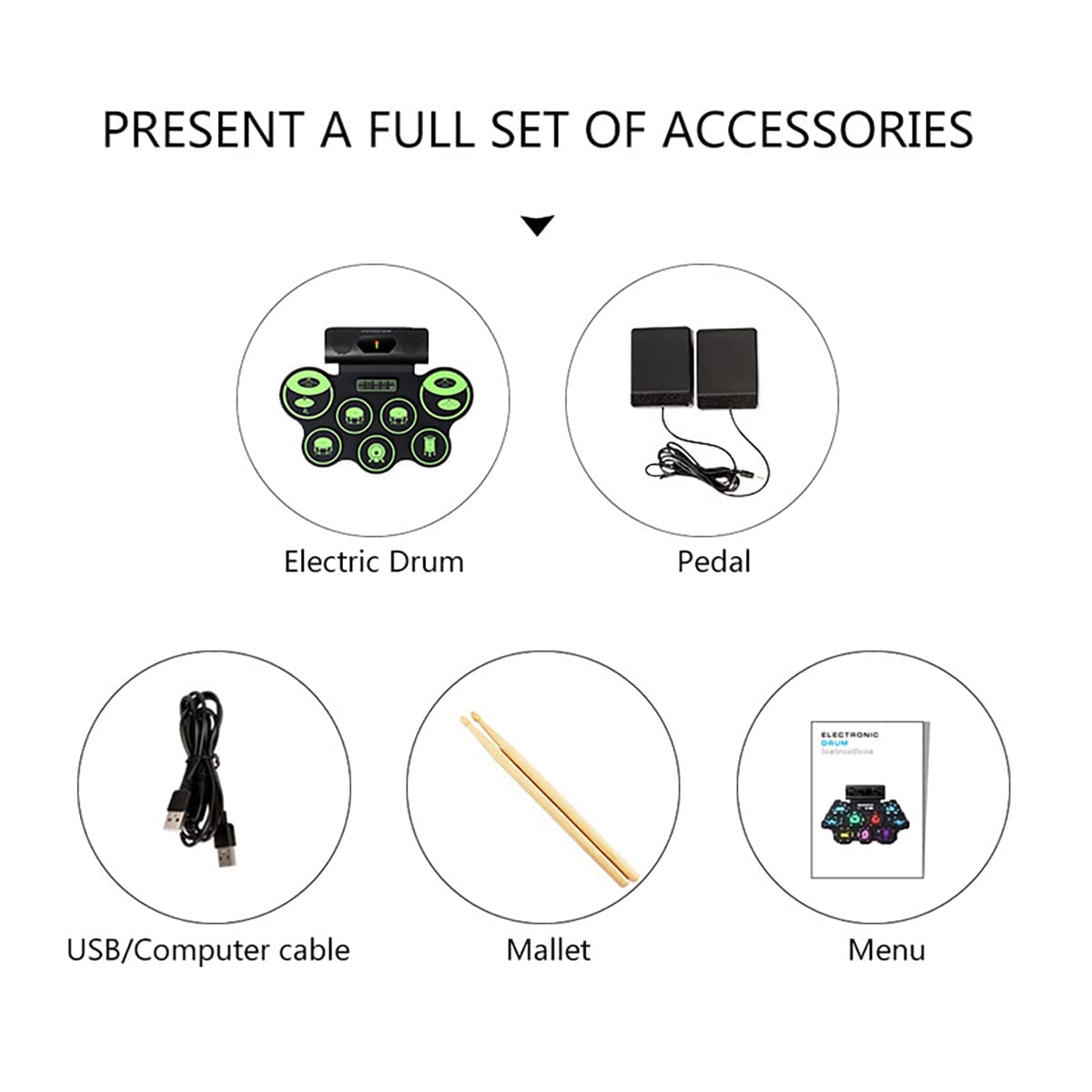9 Pads Portable Electronic Drum Set with Built-in Speakers, Power Supply, Foot Pedals and Drumsticks, Roll Up Electric Musical Instruments