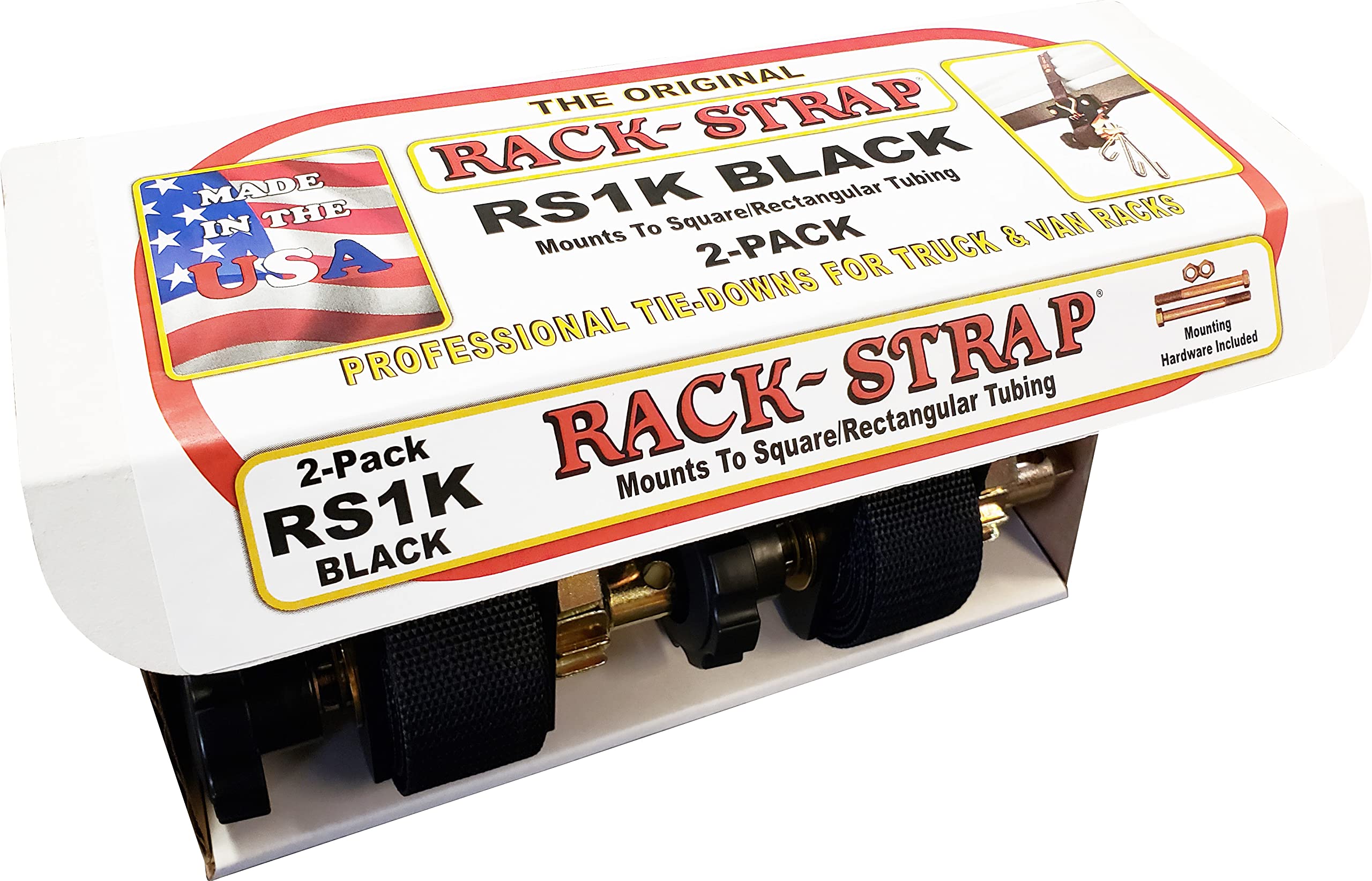 2 Pack, Rack-Strap Ladder Rack Tie-Downs, Right Angle Mounting Bracket, RS1K Black Right Angle Mounting Bracket, Bolt Mounting Hardware Included, 8 Ft Black Strap