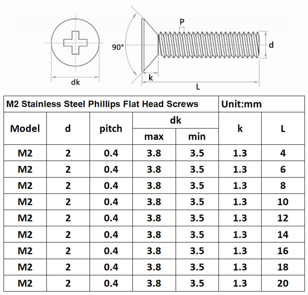 Guard4U 300Pcs Metric M2 Stainless Steel Phillips Countersunk/Flat Head Machine Screws Nuts Assortment Kit- M2x 4mm/ 6mm/ 8mm/ 10mm/ 12mm/ 14mm/ 16mm/ 18mm/ 20mm