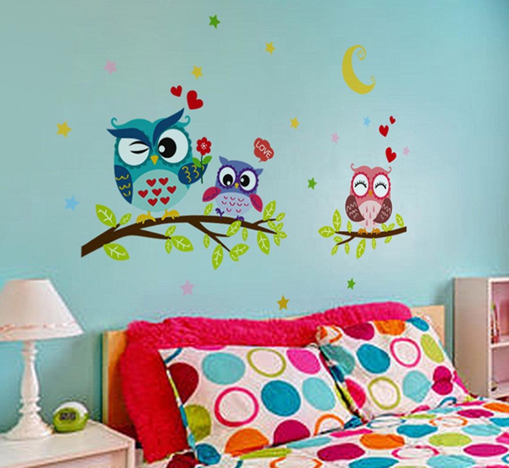 BIBITIME Night Moon Star Sky Wall Sticker Love Family Owls on The Tree Branch Wall Decal for Nursery Bedroom Kids Room Decor,25.19" x 16.92"