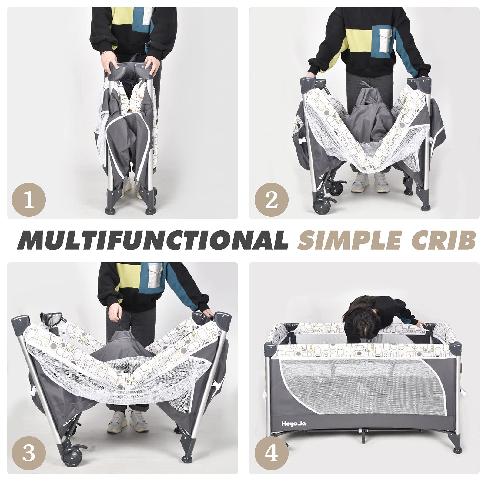 Heyo.Ja Double Layer Baby Portable Playard, 5 Height Adjustable Crib,Changing Table, Foldable Bassinet Bed with Luxury Mosquito Net,Toys Bag,Wheels & Brake, Game Entrance for Boys Girls(Grey)
