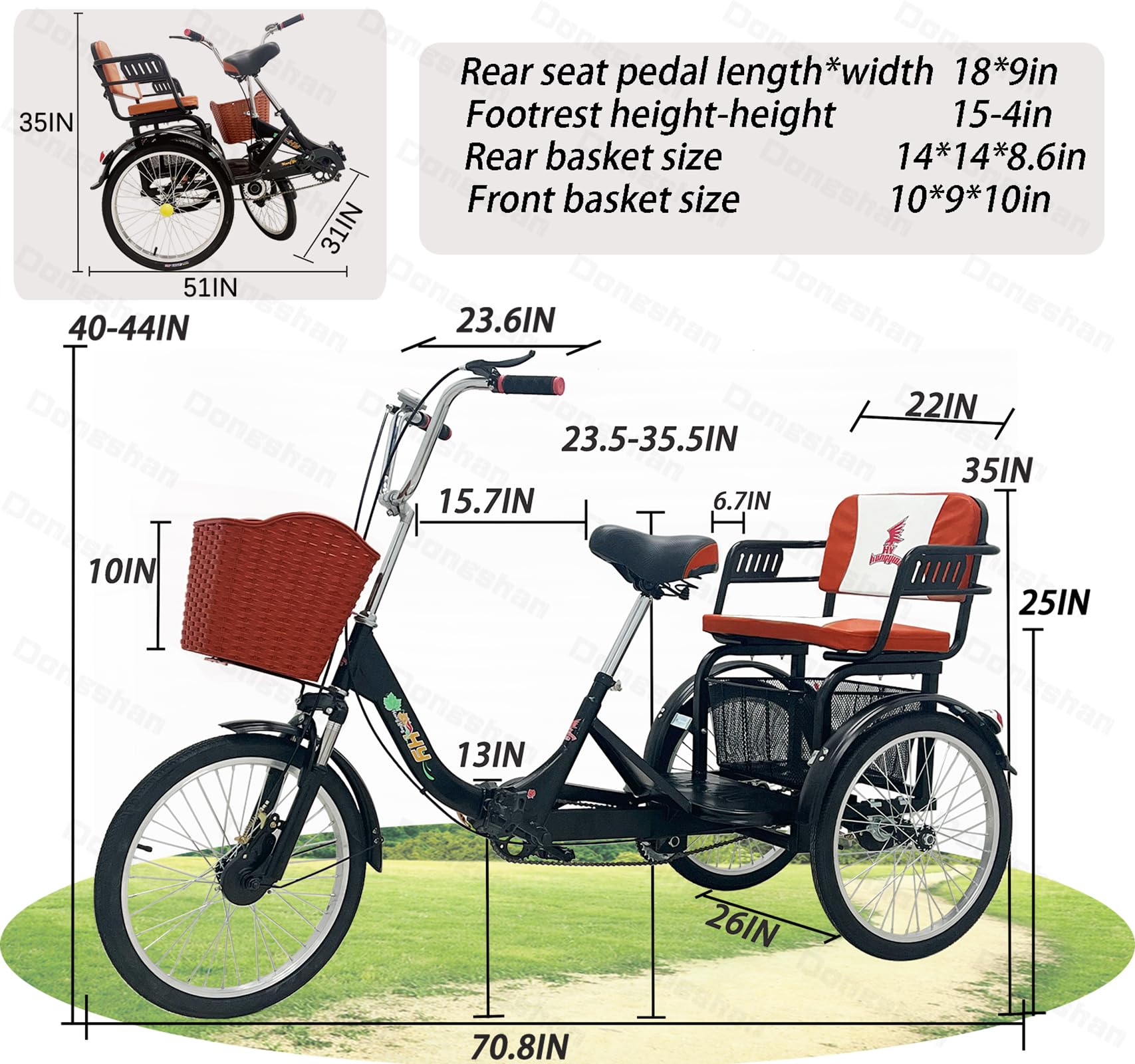 Adult Tricycle Folding Bicycle Comfortable seat 3 Wheel Bicycle Rear Enlarged Vegetable Basket Double Chain 20inch Shock Absorber Front Fork for Parents and Children Maximum Load 440lbs (Black)