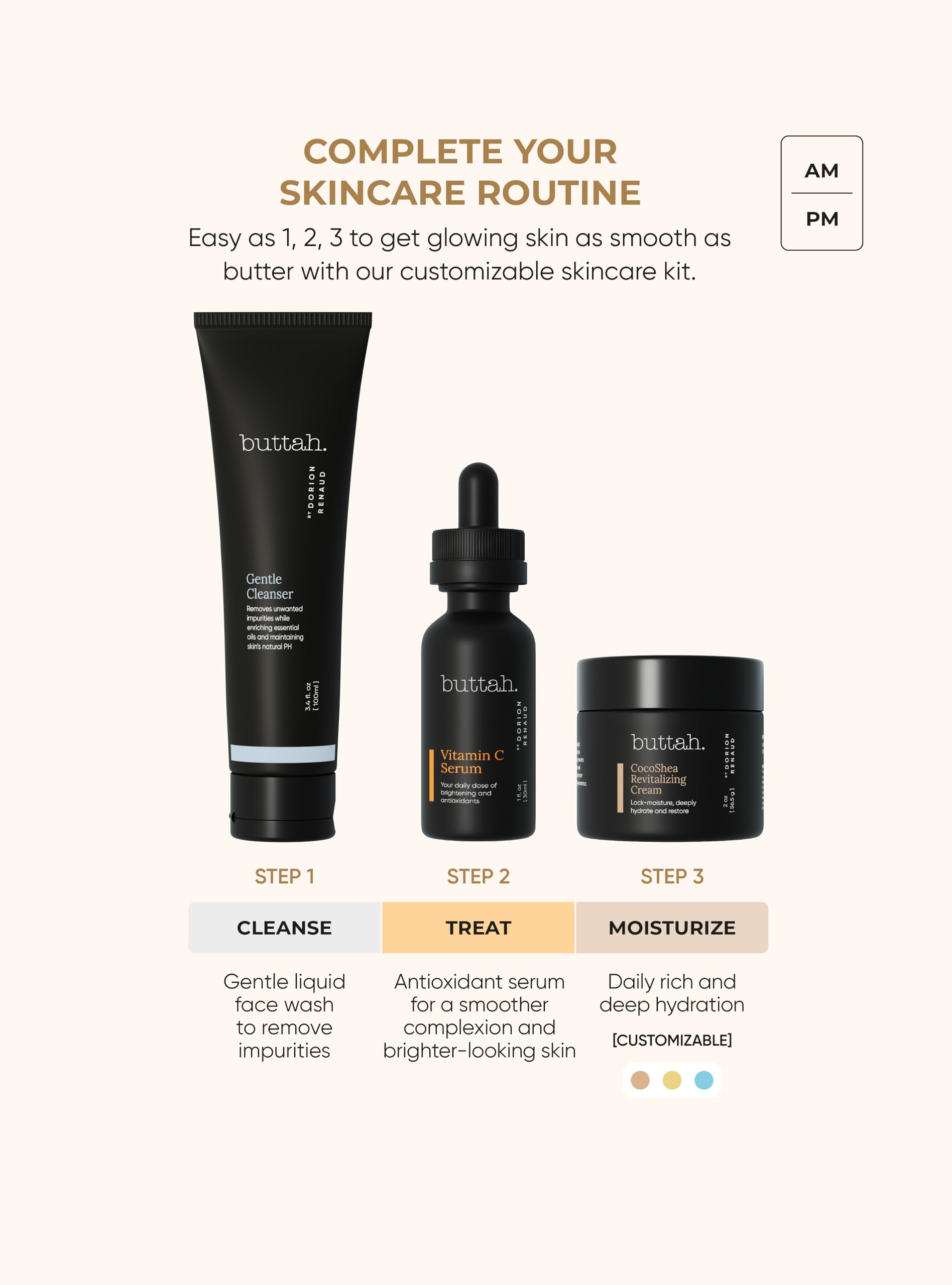 Buttah Skin Transforming Kit for Melanin Rich Skin | CocoShea Revitalizing Cream 2 oz | Vitamin C Serum 1 oz | Buttah Cleanser 3.4 oz | Black Owned Skincare