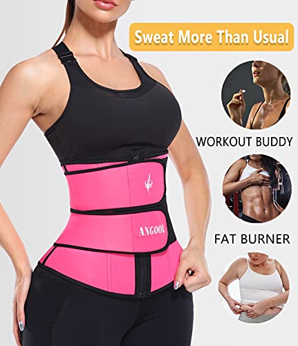 ANGOOL Neopren Waist Trainer for Women,Workout Plus Size Trimmer Belt Sauna Sweat Corset Cincher with Zipper L Pink