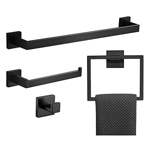 4-Piece Bathroom Hardware Accessories Set, Towel Bar Sets Include Towel Bar Towel Holder Toilet Paper Holder Towel Hook,16 inch Bath Accessories Kit,Matte Black