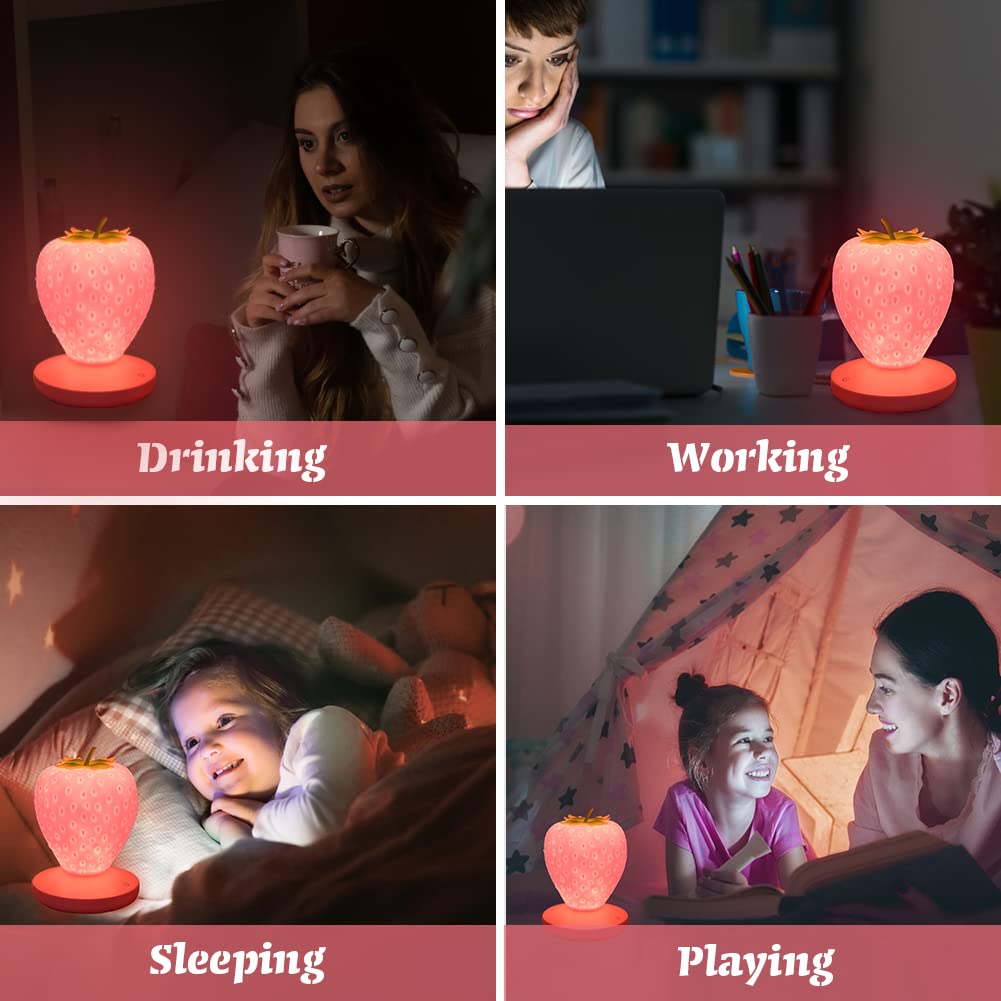 LVOERTUIG Strawberry Night Light, Cute Silicone Strawberry Lamp, LED Cute Night Light, Bedside Color Changing Lamp, 3 Modes Touch for Birthday, Christmas