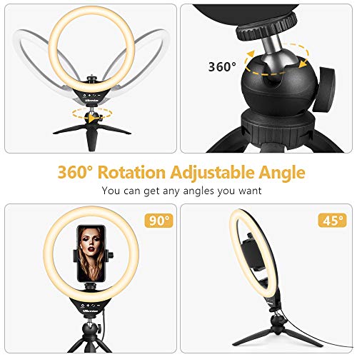 UBeesize 10" Selfie Ring Light with Tripod Stand & Cell Phone Holder, Dimmable Desktop LED Circle Light for Live Streaming/Makeup/YouTube/TIK Tok, Compatible with iOS and Android Phones