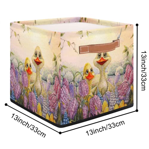 Animal Duck Fabric Storage Cubes Flower Floral Collapsible Storage Bins, Storage Boxes for Organizing Storage Baskets with Handles for Shelves, Closet, Toy, Nursery (13x13x13 Inch)