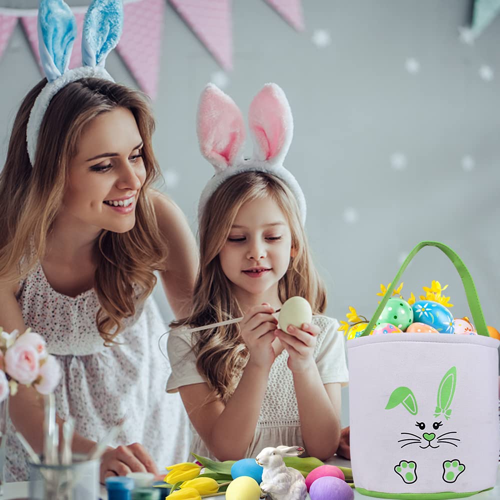 3Pcs Easter Basket for Kids Easter Bunny Canvas Candy Basket Bulk, DIY Personalized Easter Large Buckets Tote Bags Egg Hunt Gifts Basket Easter Party Favors Decorations with 2Pcs Double Line Pens