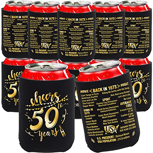 50th Birthday Decorations for Men Women Happy Fifty Birthday Party Decor Supplies 1973 Vintage- 50 Years Old Birthday Party Beverage Can Cooler Sleeves (12 Pack) Black & Gold Turning 50 BC003