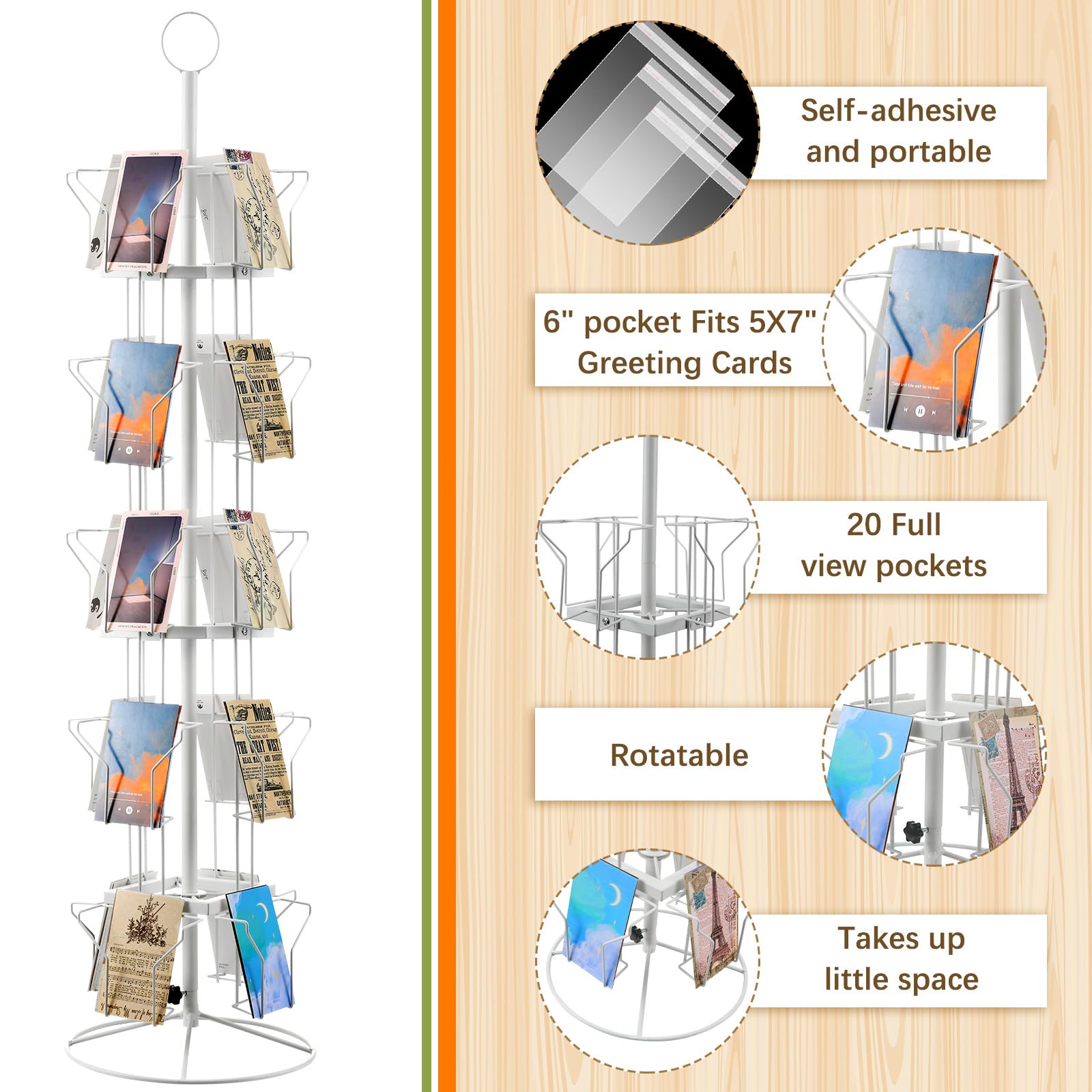 20 Pockets Countertop Rotating Greeting Card Display Rack with 200 Cellophane Bags Plastic Clear Cello Bags 5 Tier Metal Card Display Stand Spinning Postcard Rack for Thrift Retail Grocery(White)