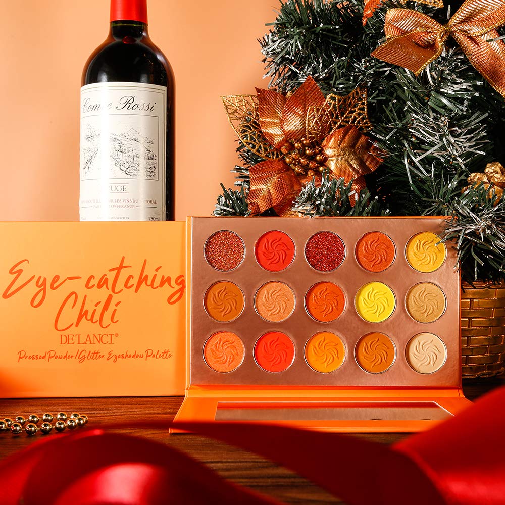 DE'LANCI Burnt Orange Eyeshadow Palette Fall Makeup Matte Shimmer Pressed Glitter Eye shadow 15 Warm Color Shadows Sunset Makeup Palette Nature Tone Eye-catching Chili Pallete