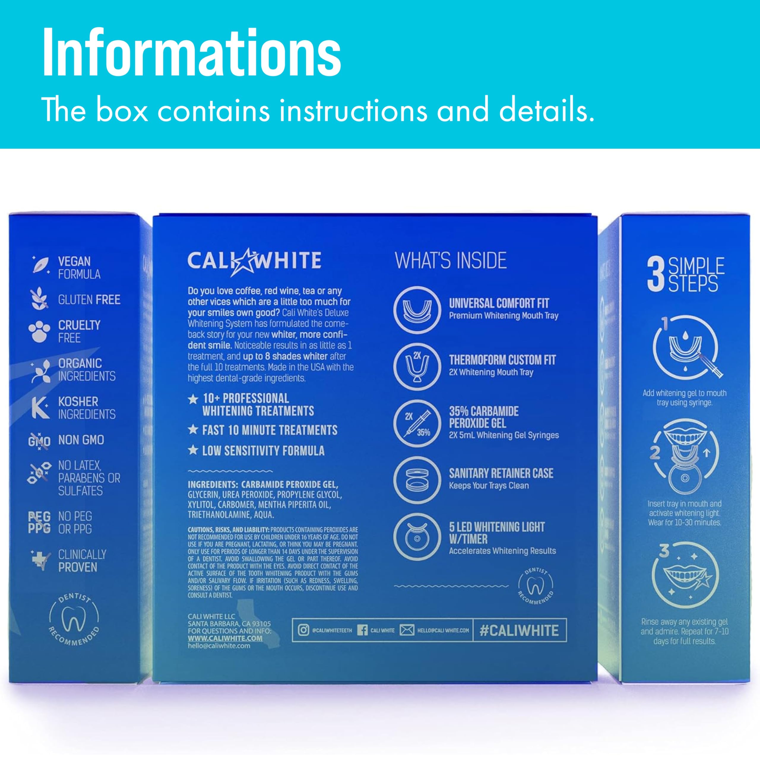 Cali White Teeth Whitening Strip Kit with LED Light and Batteries - Organic Peroxide Teeth Whitening Gel - Set of White Strips - 2x5ml Syringes, Thermoform Whitening Kit Trays and Case
